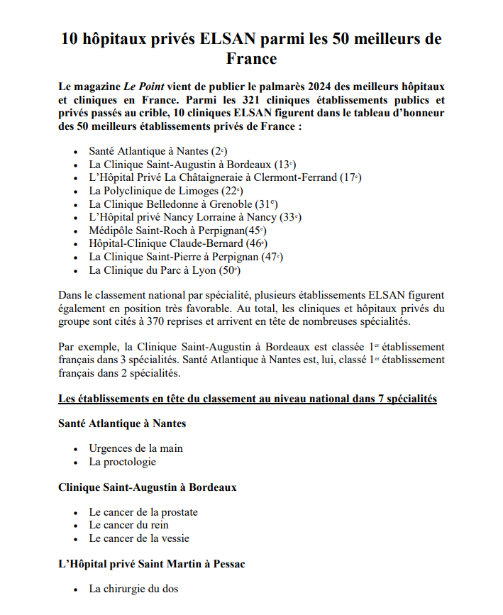 10 hôpitaux privés ELSAN parmi les 50 meilleurs de France | Elsan