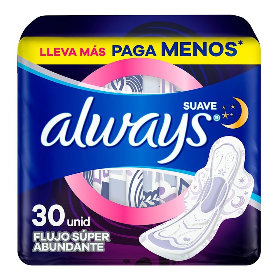 Toallas femeninas Always nocturna suave extra largas con alas 30 pzas ...