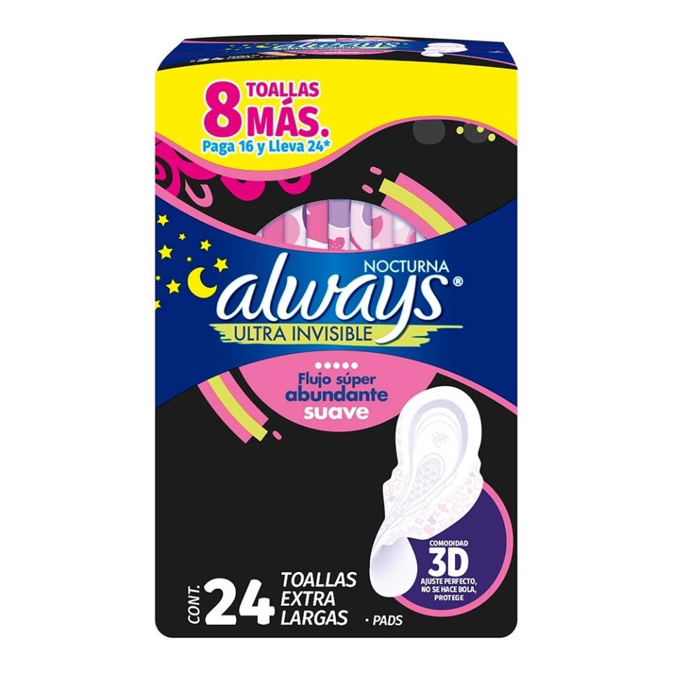 Toallas femeninas Always Nocturna ultra invisible suave 24 pzas | Walmart Toallas femeninas Always Nocturna ultra invisible suave 24 pzas | Walmart