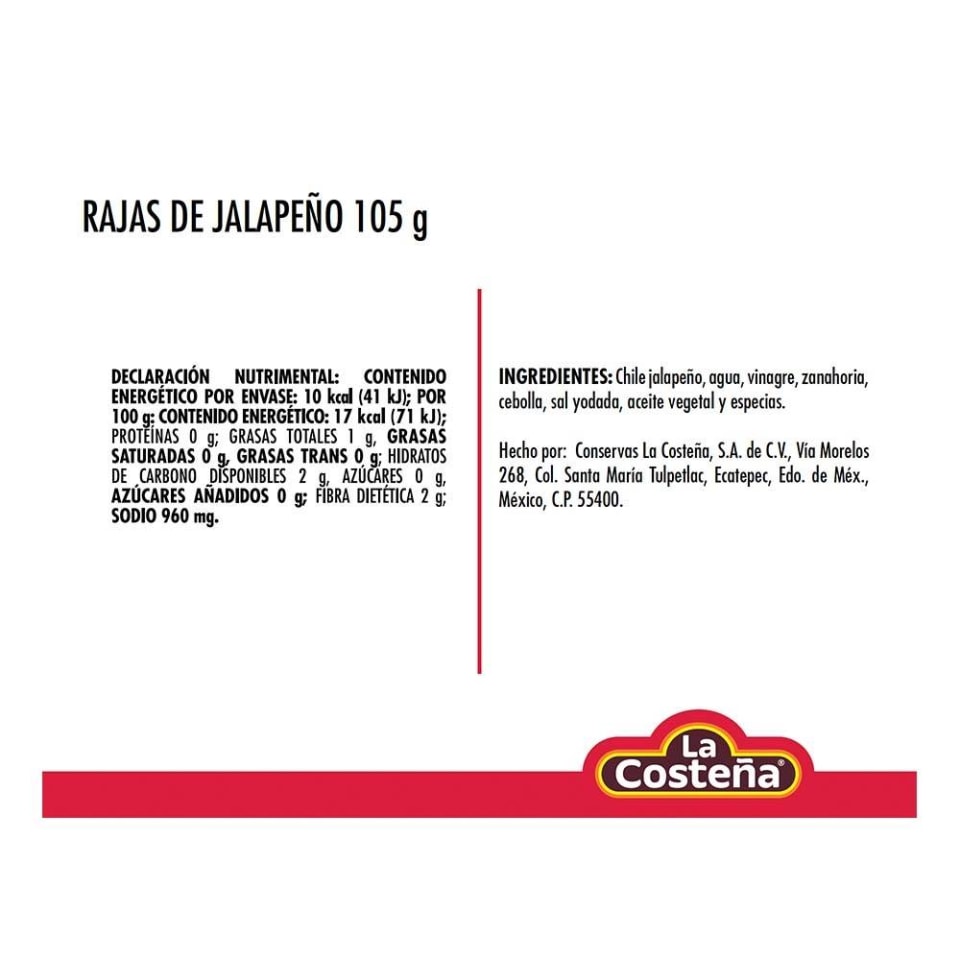 Rajas de jalapeño La Costeña en escabeche 105 g | Walmart Rajas de jalapeño La Costeña en escabeche 105 g | Walmart