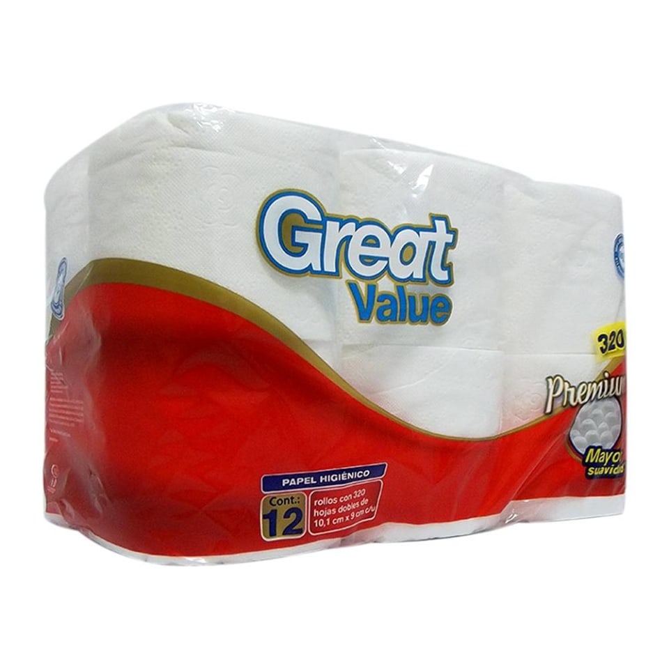 Papel higiénico Great Value premium 12 rollos 320 hojas dobles | Walmart Papel higiénico Great Value premium 12 rollos 320 hojas dobles | Walmart