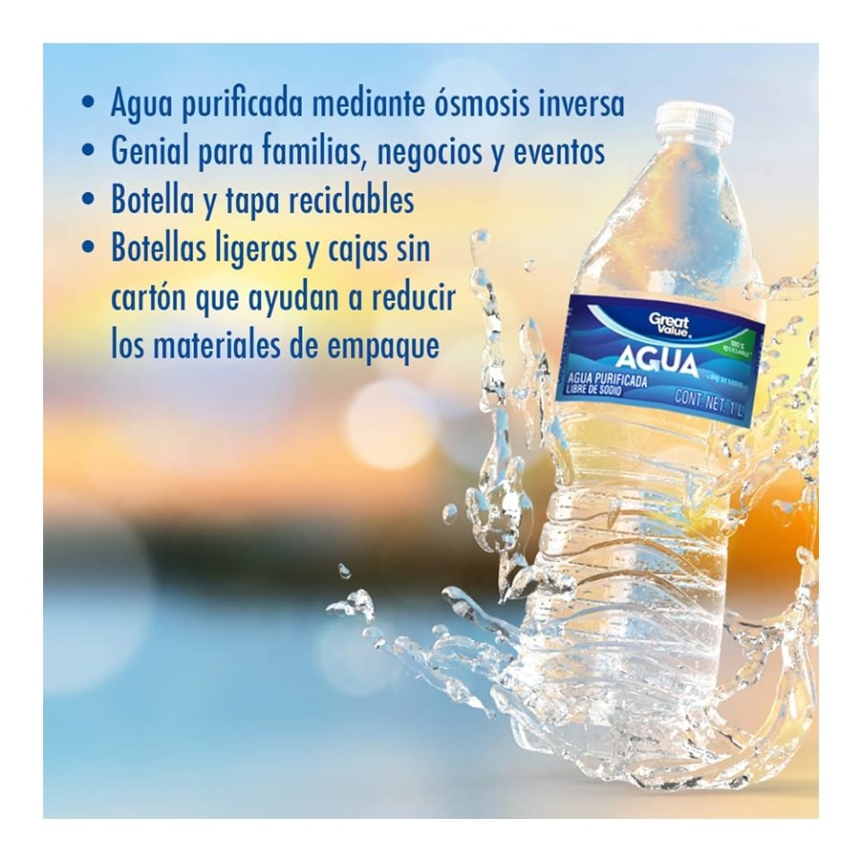 Paquete de Agua purificada Great Value con 18 botellas de 1 l | Walmart Paquete de Agua purificada Great Value con 18 botellas de 1 l | Walmart
