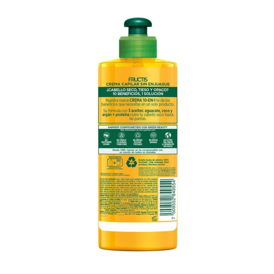Crema para peinar Garnier Fructis 10 en 1 recarga nutritiva 300 ml ...