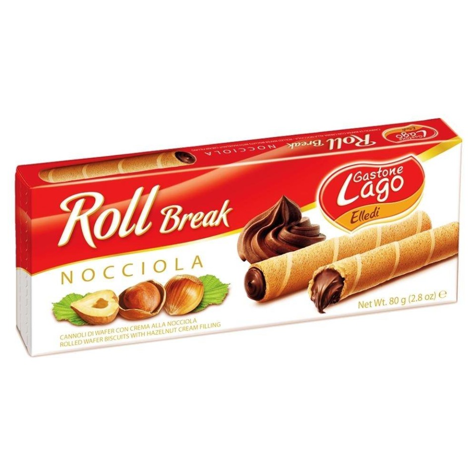 Wafers Gastone Lago Roll Break rellenos de crema de avellanas 80 g ... Wafers Gastone Lago Roll Break rellenos de crema de avellanas 80 g ...