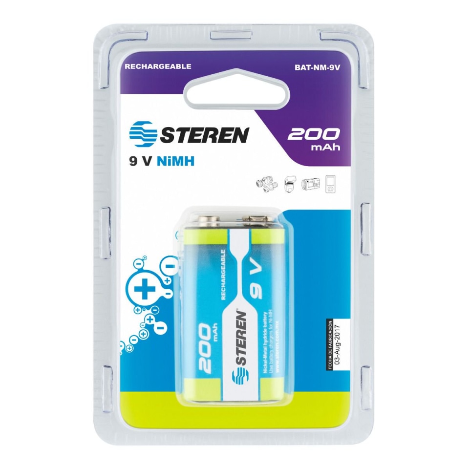 Pila Recargable NiMH Steren BAT-NM-9V (cuadrada) 200 mAh | Walmart en línea Pila Recargable NiMH Steren BAT-NM-9V (cuadrada) 200 mAh | Walmart en línea