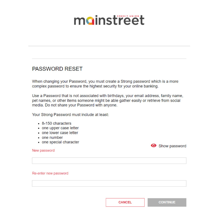 Self-Serve PAC Reset | Mainstreet Credit Union