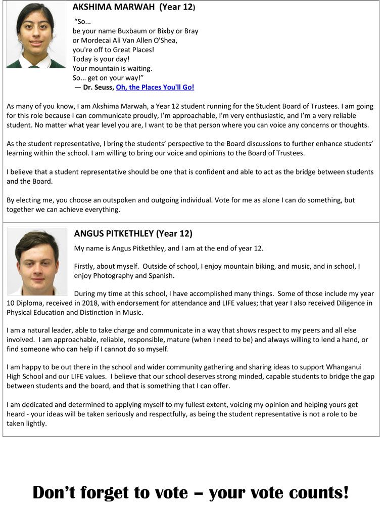 2020 WHS Student Trustee Candidate Statements | Whanganui High School