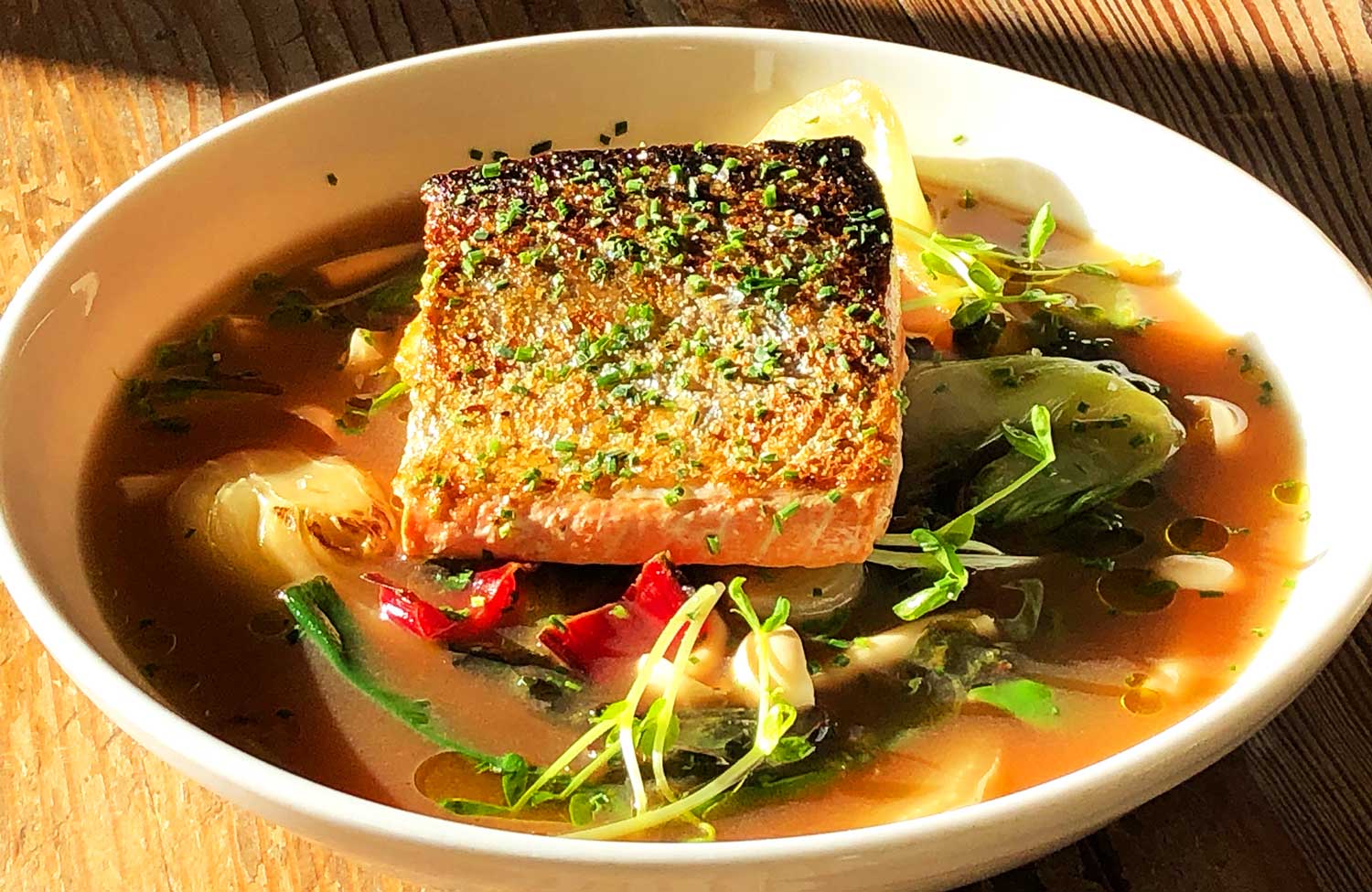 Photo of Sockeye Salmon with Dashi and Fresh Vegetables