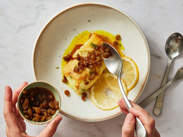 Pacific Cod with Saffron Butter, Pickled Raisins, and Dill | Wild ...