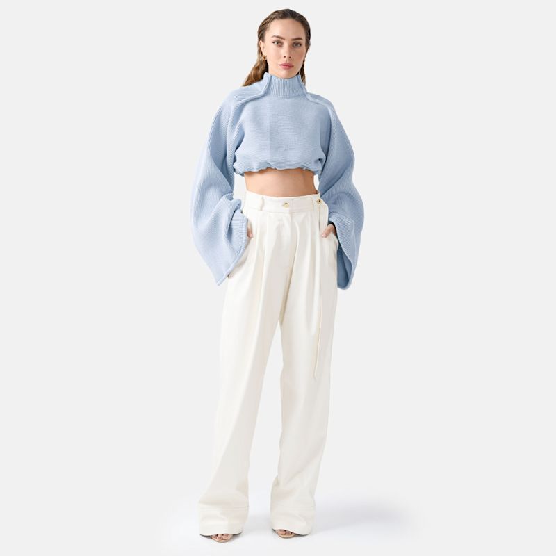 Sky Blue High-Neck Cropped Rib-Knit Jumper – Bell Sleeves | Kargede ...