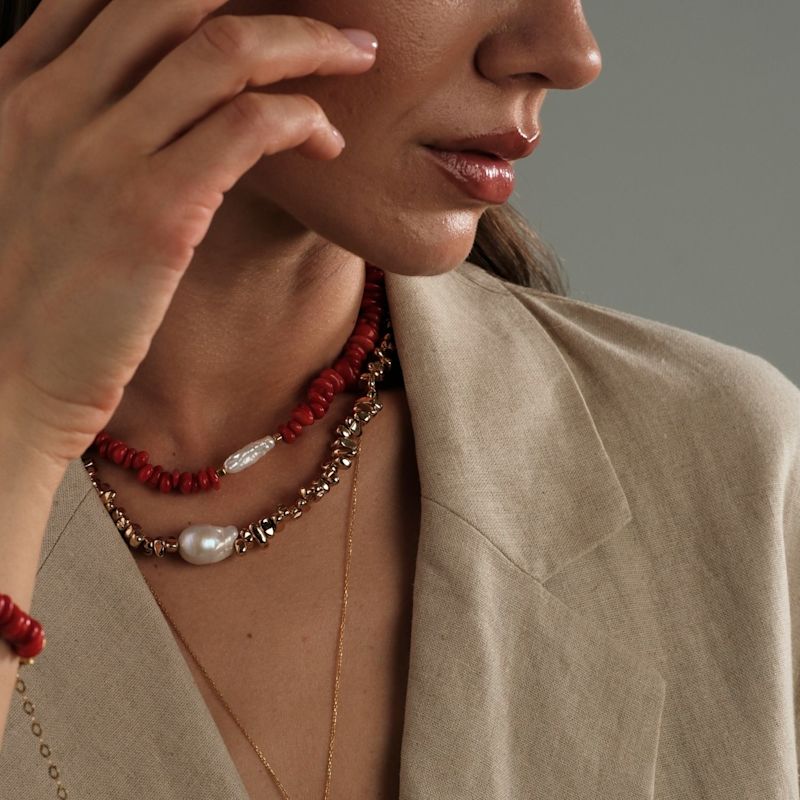 Amorphous Baroque Pearl Red Coral Necklace | LINYA JEWELRY | Wolf & Badger