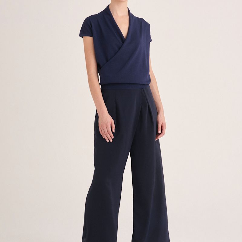 Short Sleeve Knitted Wrap Top In Navy | PAISIE | Wolf & Badger