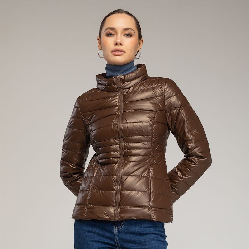 Basic Metallic Anorak With Zipper Closure And Mandarin Collar, Brown ...
