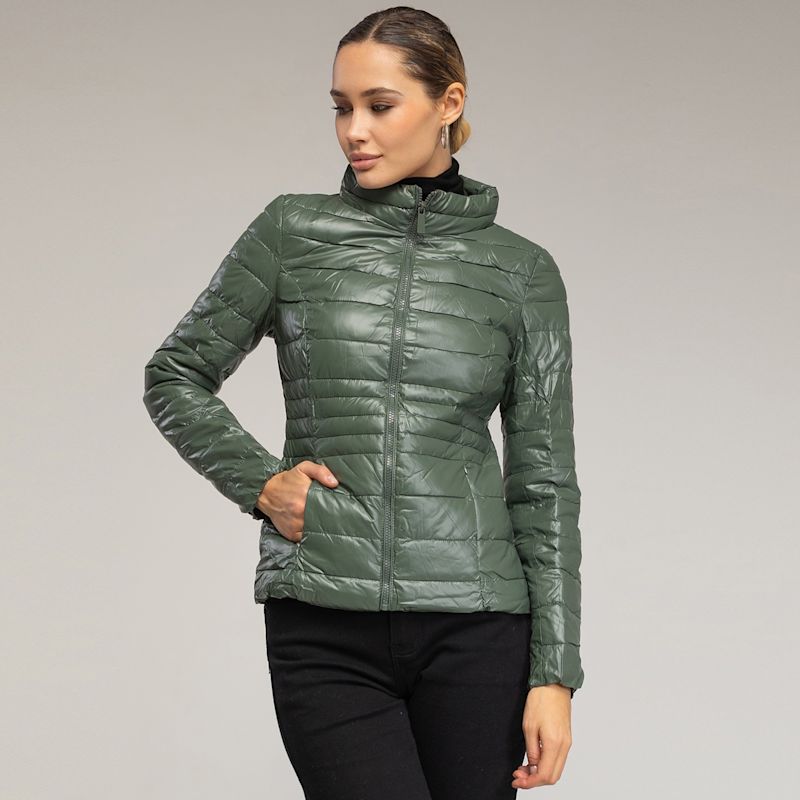 Basic Metallic Anorak With Zipper Closure And Mandarin Collar, Green ...