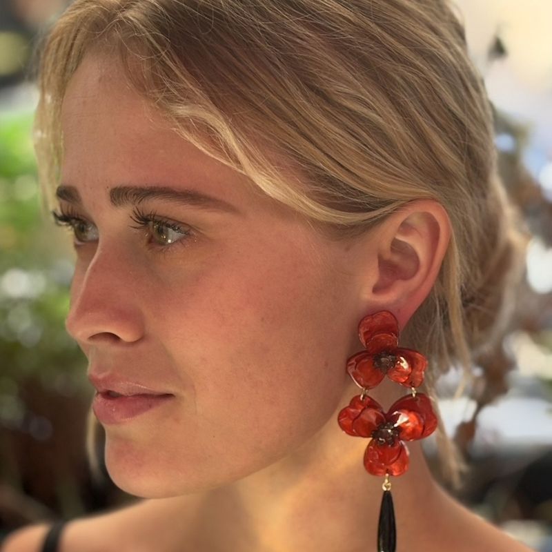 Beth Cranberry Red Double Floral Resin Drop Earrings | Michael Nash ...
