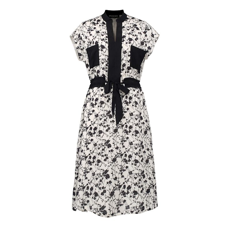 Bi-Material Dress With Monochrome Floral Print And Drawstring Belt ...