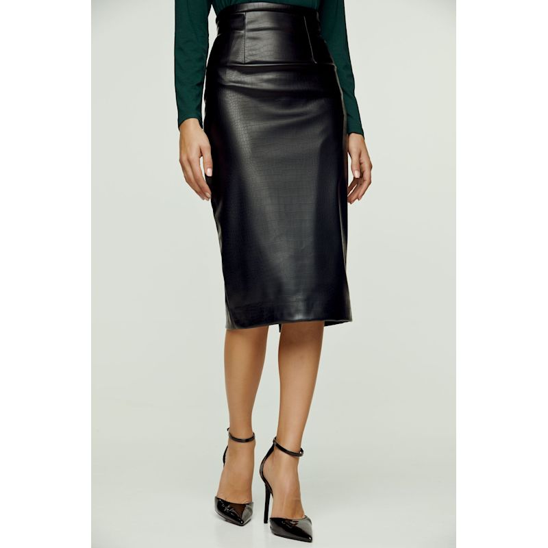 Black Faux Croc Leather High Waist Pencil Skirt | Conquista | Wolf & Badger