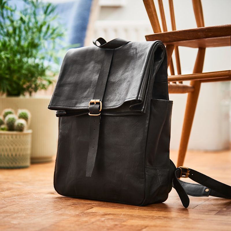 Black Leather Roll Top Backpack | VIDA VIDA | Wolf & Badger