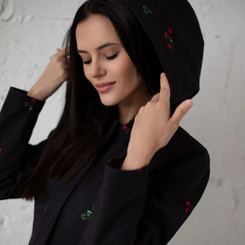 Black Waterproof Coat With Strawberry Print: Wild Strawberry ...