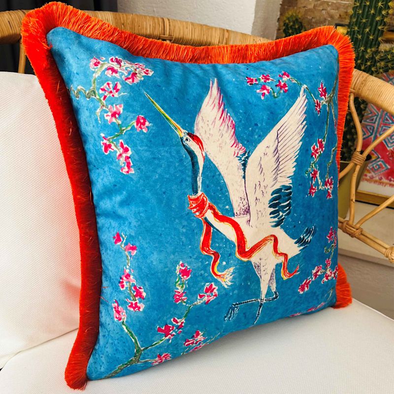 Blue Velvet Pillow Cover - Japanese Crane – Elegant Feng Shui Symbol ...