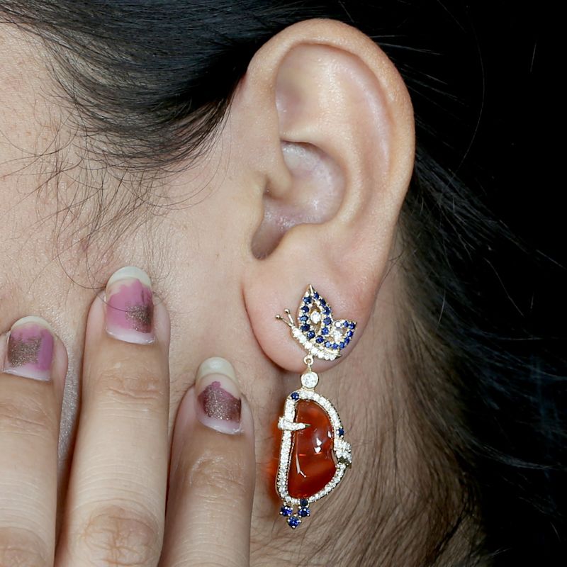 Butterfly Earrings In Gold – Unshaped Fire Opal, Blue Sapphire & Pave ...