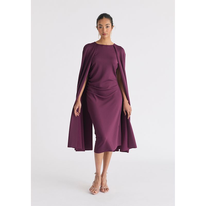 Cape Sleeves Dress With Waist Details In Midnight Plum | PAISIE | Wolf ...