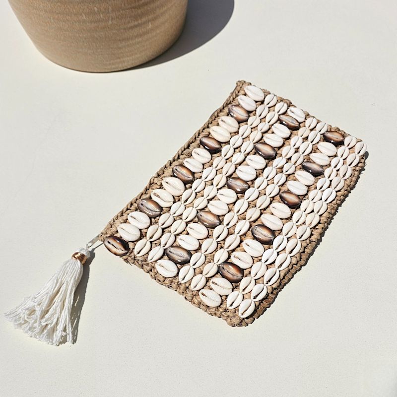 Celeste Raffia & Large Cowrie Shell Clutch - Latte | OhSun | Wolf & Badger