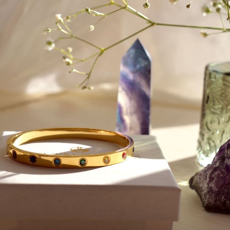 Chakra Healing Stone Bangle, Gold Over Stainless Steel | Seven Saints ...