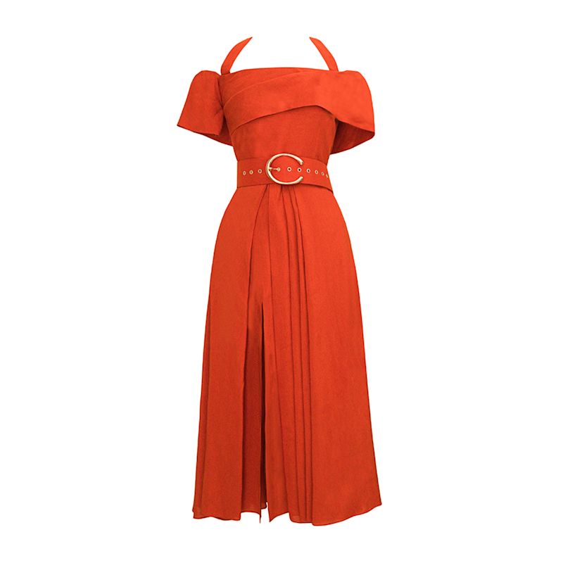 Chimera Orange Cocktail Linen Off Shoulder Midi Dress | Alina ...