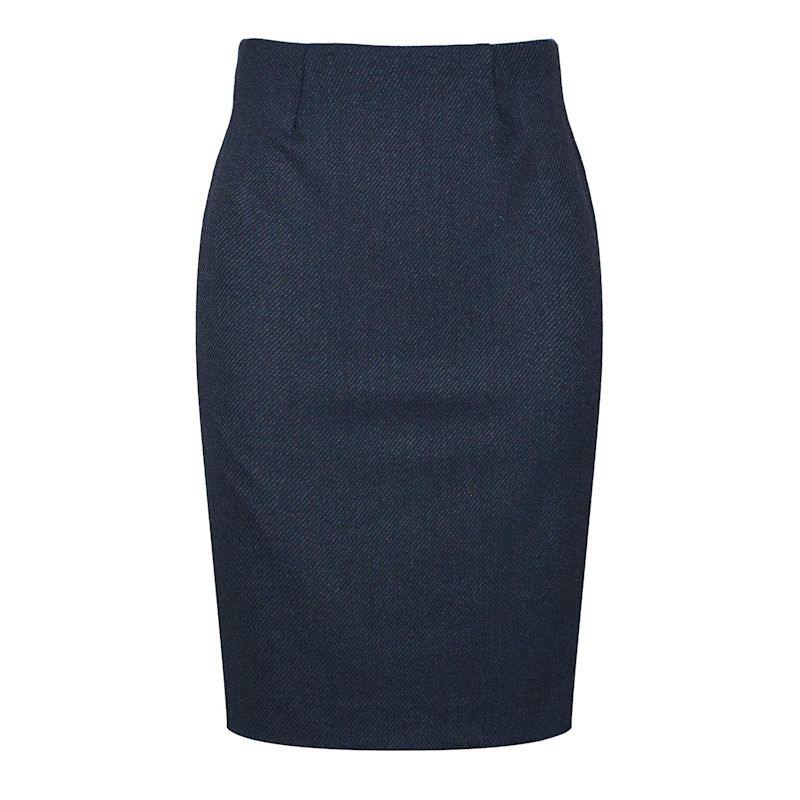 Classic Navy Pencil Midi Skirt – Subtle Pinstripe, Elastic Fabric, Back ...