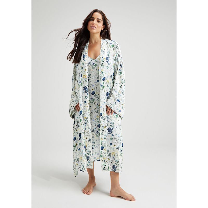 Corina Kimono Style Pressed Floral Print Robe In Blue | Lily and Lionel ...