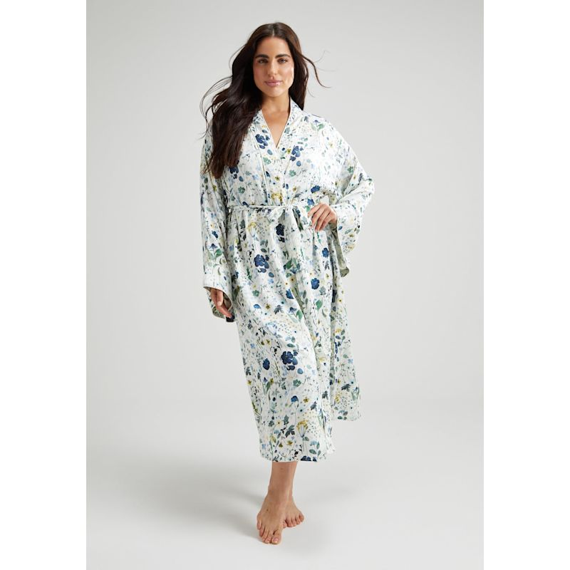 Corina Kimono Style Pressed Floral Print Robe In Blue | Lily and Lionel ...