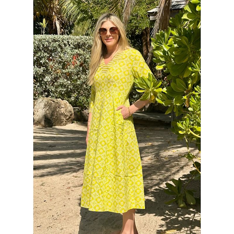 Cotton Rhonda Midi Dress In Lime & White Flower | At Last... | Wolf ...