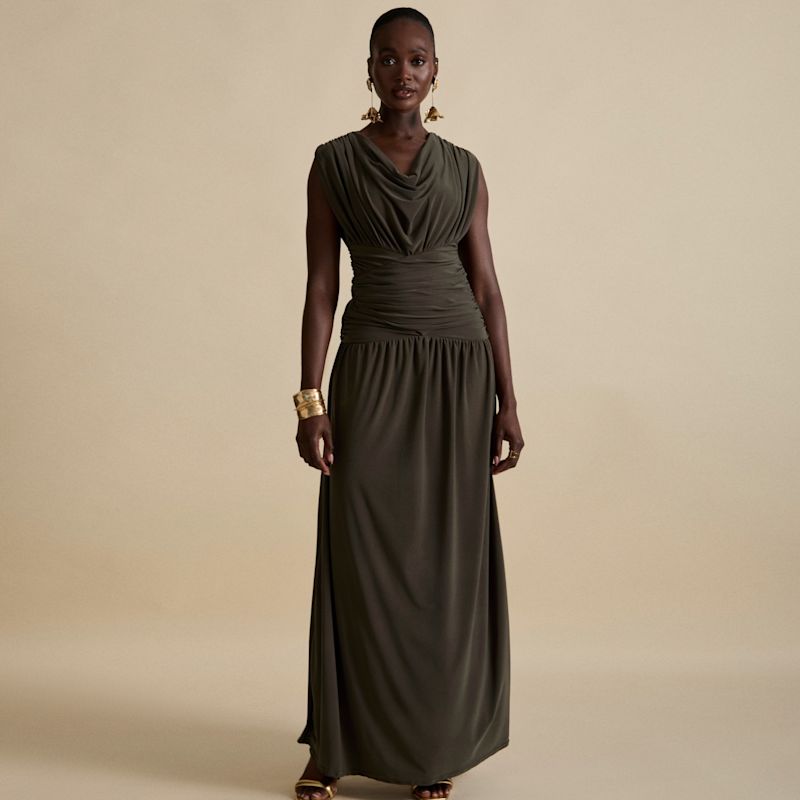 Daphne Cowl Neck Maxi Dress In Khaki | Celestine & Mae | Wolf & Badger