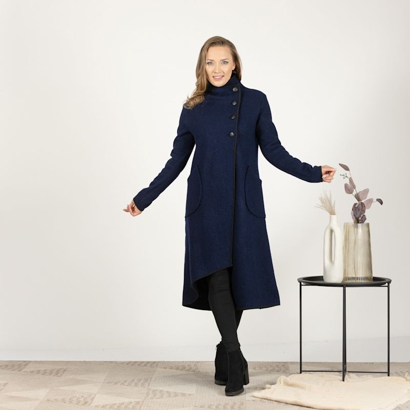 Boiled Wool Winter Cardigan Coat With Buttons And Pockets In Dark Blue ...