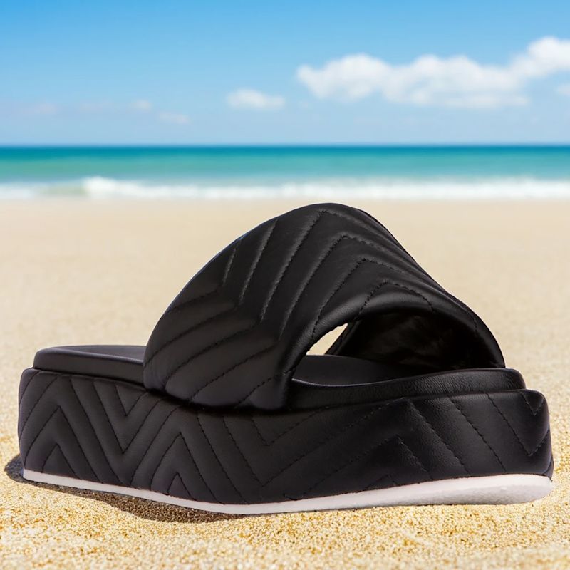 Deedee Black Leather Platform & Wedge Comfortable Espadrille Work Beach ...