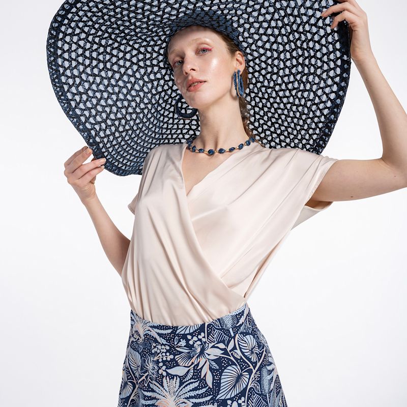 Draped Silky Touch Satin Double-Breasted Blouse With Knitted Back ...