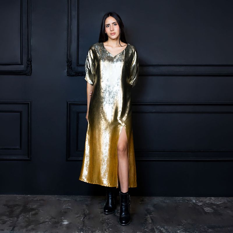Shadow Of Sequin Ombre Shimmer Kaftan Dress With Front Slit - Gold & Yellow Party Dress From ...