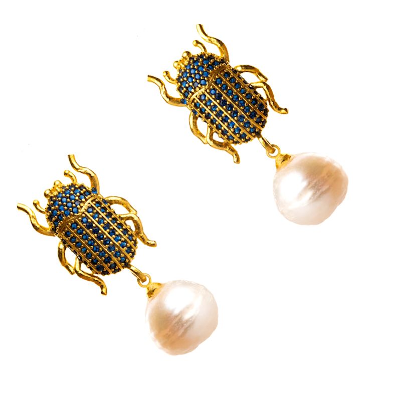 Egyptian Scarab Sapphire & Pearl Dangle Mystic Earrings - Blue | Ebru Jewelry | Wolf & Badger