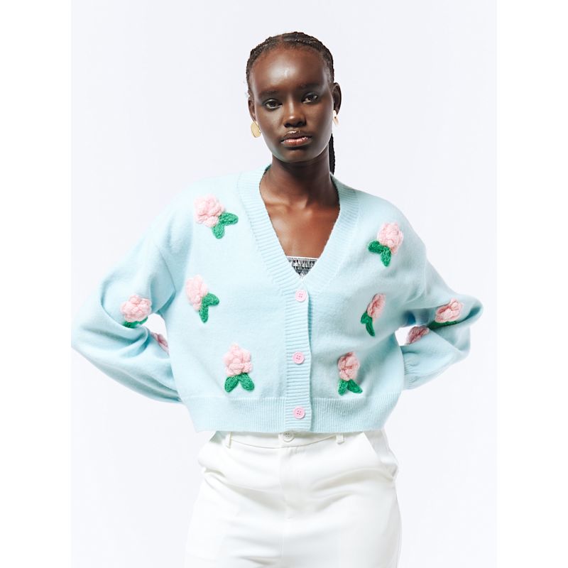 Flower Detail Knit Cardigan In Baby Blue | SOUR FIGS | Wolf & Badger