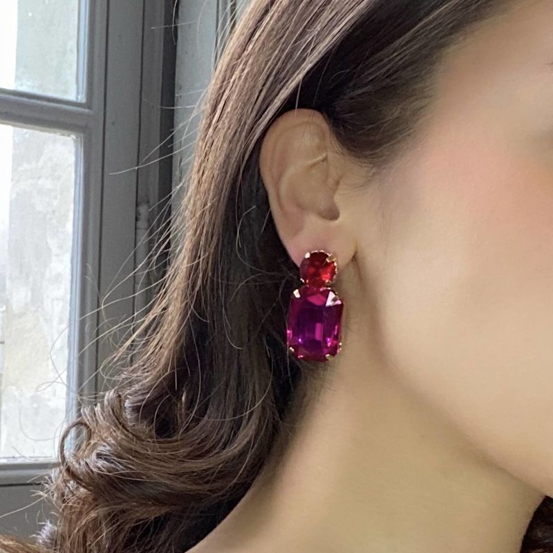 Fuschia Crystal Ocatgon And Ruby Round Stone Drop Earrings | Michael ...