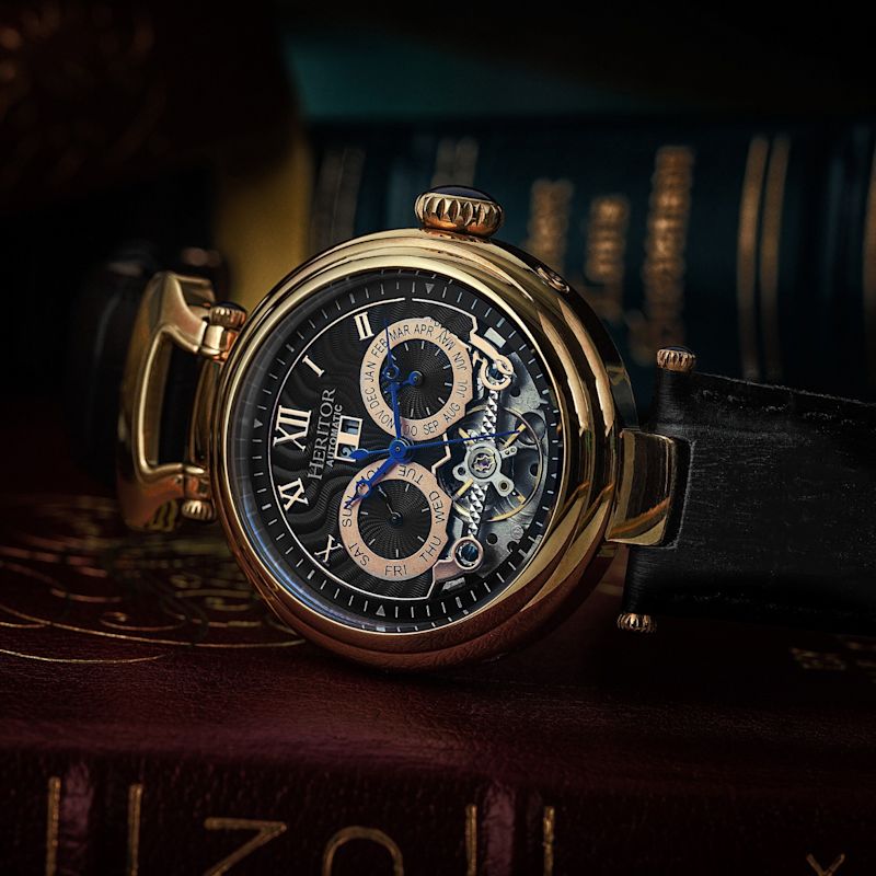 Ganzi Semi-Skeleton Leather-Band Watch with Day and Date - Black, Gold ...