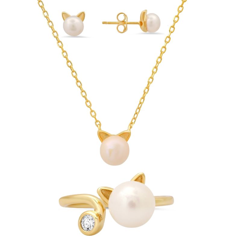 Gold Kitty Cat Pearl Stud Earrings | Kylie Harper | Wolf & Badger