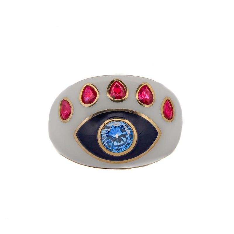Guardian Blue Topaz & Ruby Evil Eye White Enamel Adjustable Ring ...