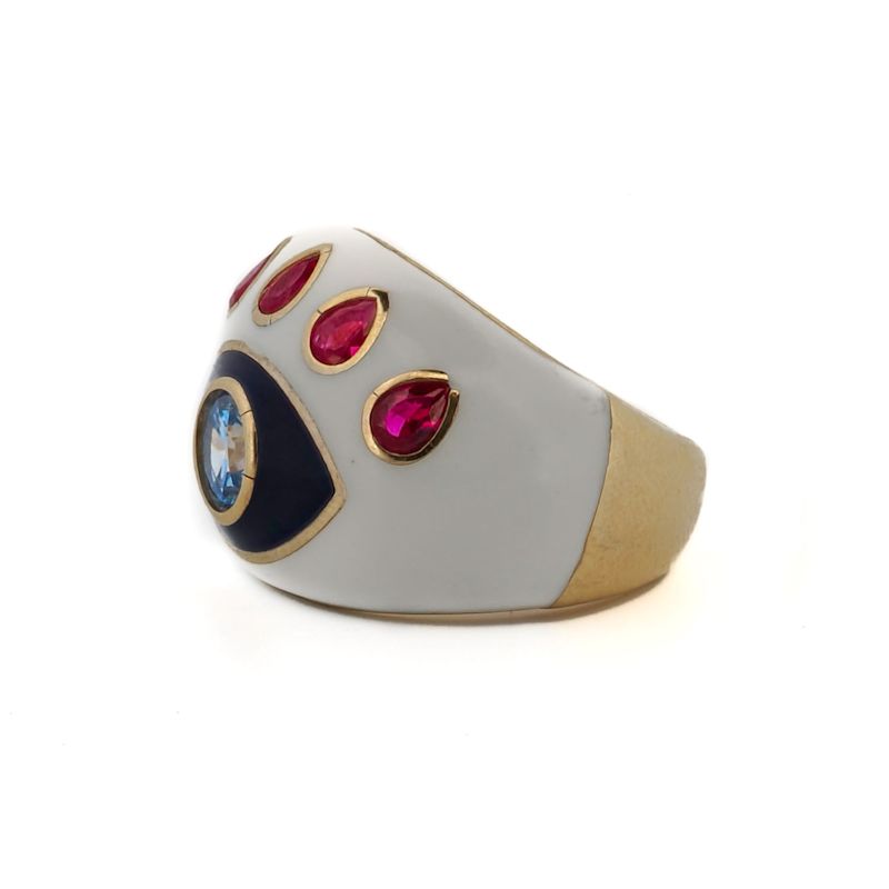 Guardian Blue Topaz & Ruby Evil Eye White Enamel Adjustable Ring ...