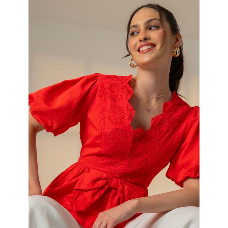 Haillie Coral Red Lace Trim Bow Blouse | Rose & Nancy | Wolf & Badger