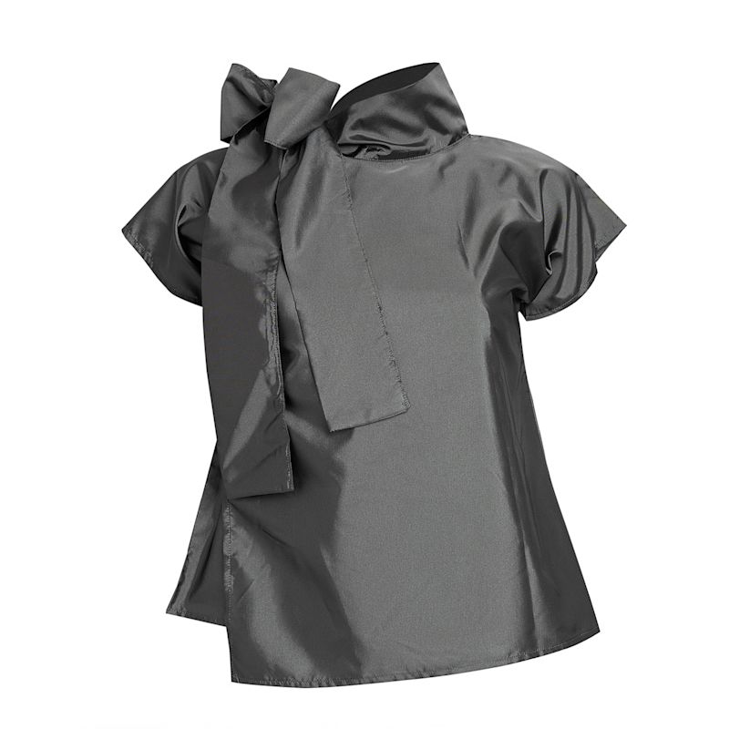 Halves Shoulder Ribbon Asymmetrical Blouse In Silver Taffeta | Bianca ...
