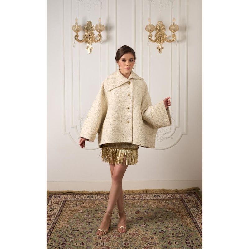 Unsymmetrical Collar Tweed Coat With Metallic Threads-Sweet Corn ...