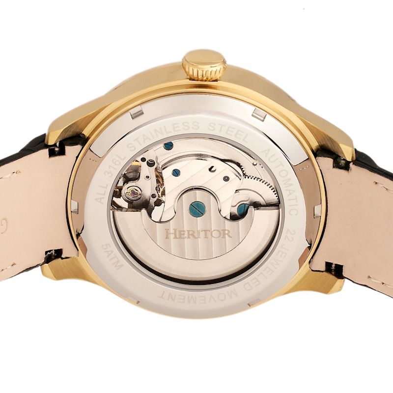 Gregory Semi-Skeleton Leather-Band Watch with Moon Phase - Black, Gold ...