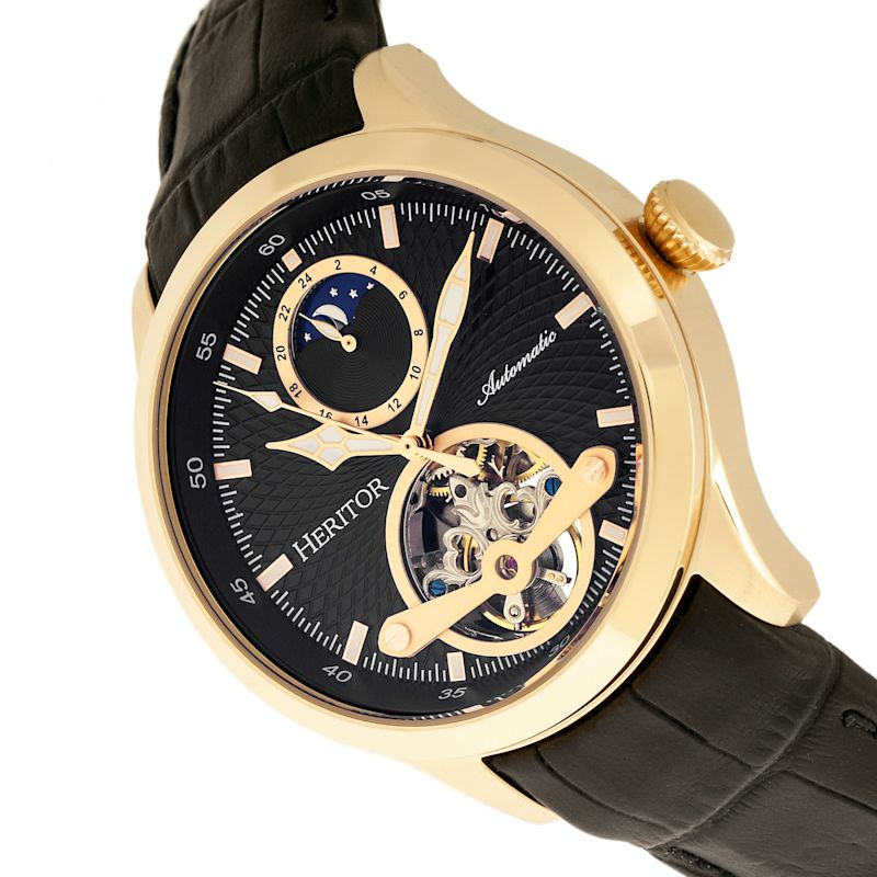 Gregory Semi-Skeleton Leather-Band Watch with Moon Phase - Black, Gold ...